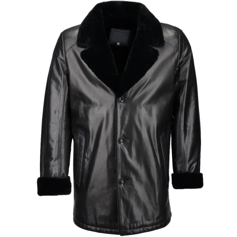 Notch Collar All Black Fur Lined Leather Coat - Vanquishe