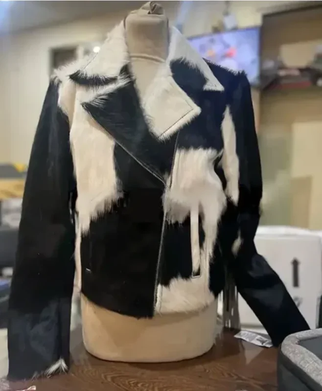 Fringe Style Black And White Leather Cowhide Fur Jacket