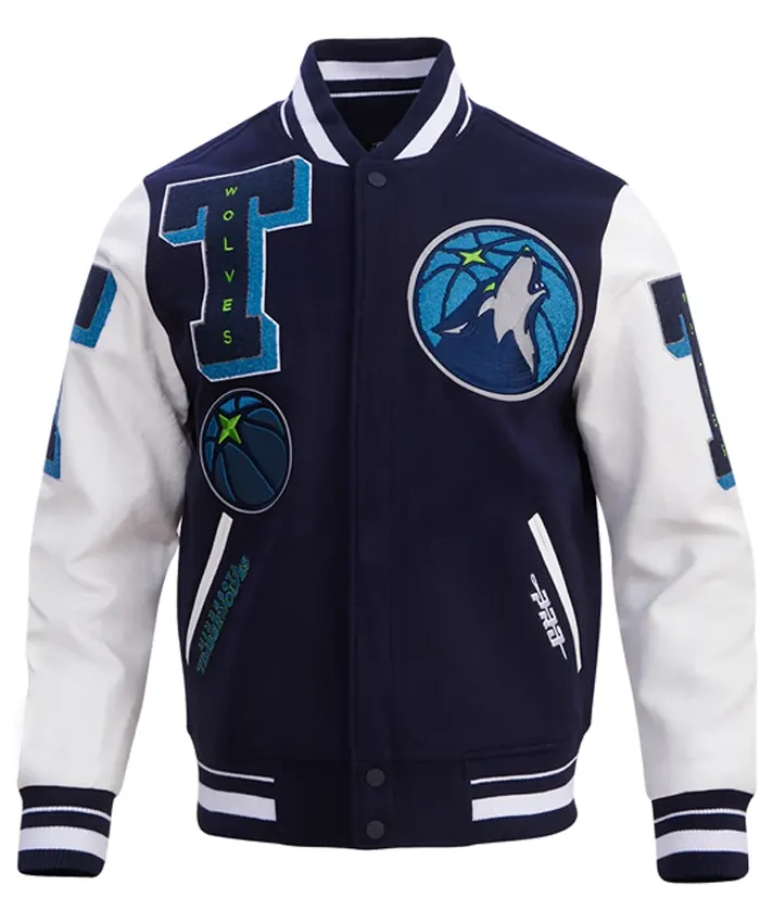 Minnesota Timberwolves Navy Blue Varsity Wool Jacket - Vanquishe