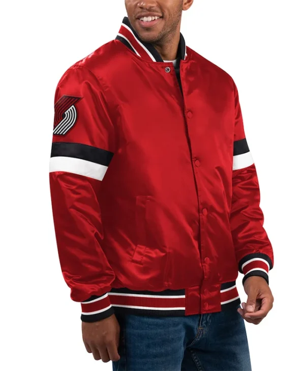 Shop Portland Trail Blazers Red Satin Full Snap Bomber Jacket - Vanquishe