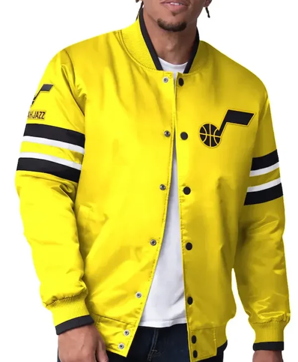 Shop Utah Jazz Yellow & Black Satin Bomber Jacket For Mens- VJ