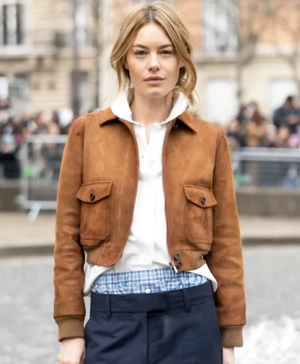 Camille Rowe Paris Fashion Brown Bomber Leather Jacket