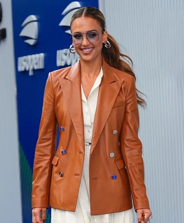 Jessica Alba Tennis Championships Brown Leather Blazer