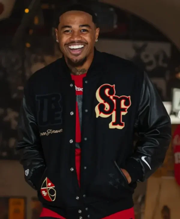 Buy Kendrick Bourne 49ers Varsity Jacket | Black Wool & Leather